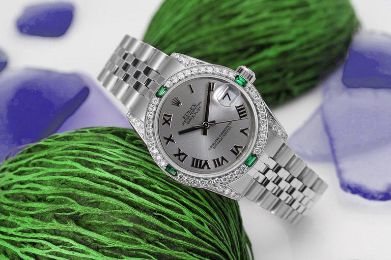 Rolex Datejust Silver Roman Dial Emerald and Diamond Bezel/Lugs Steel ...
