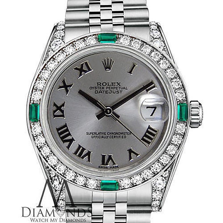 Rolex Datejust Silver Roman Dial Emerald and Diamond Bezel/Lugs Steel ...