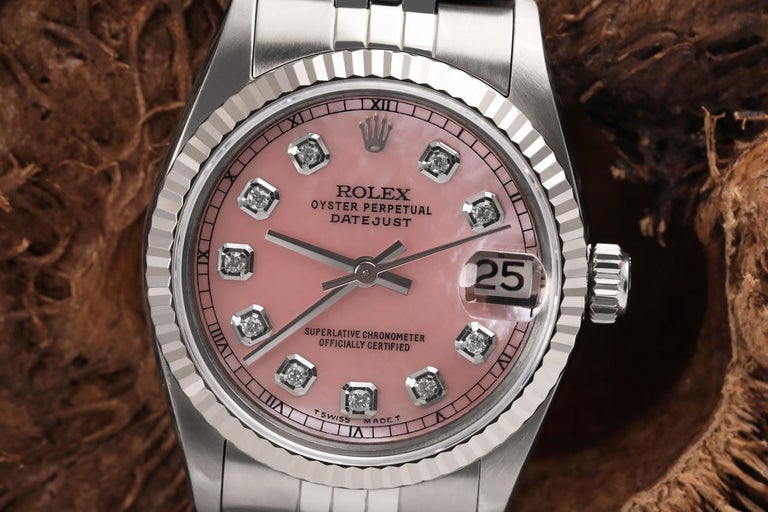 Rolex Datejust SS Pink MOP Mother Of Pearl RT Diamond Dial Watch 68274 ...
