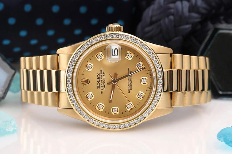 Rolex Presidential 18kt Gold Champagne Diamond Dial Diamond Bezel 68278 ...