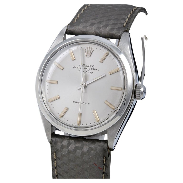 Rolex Air-King Silver Stick Dial Leather Band Smooth Bezel Watch Ref ...
