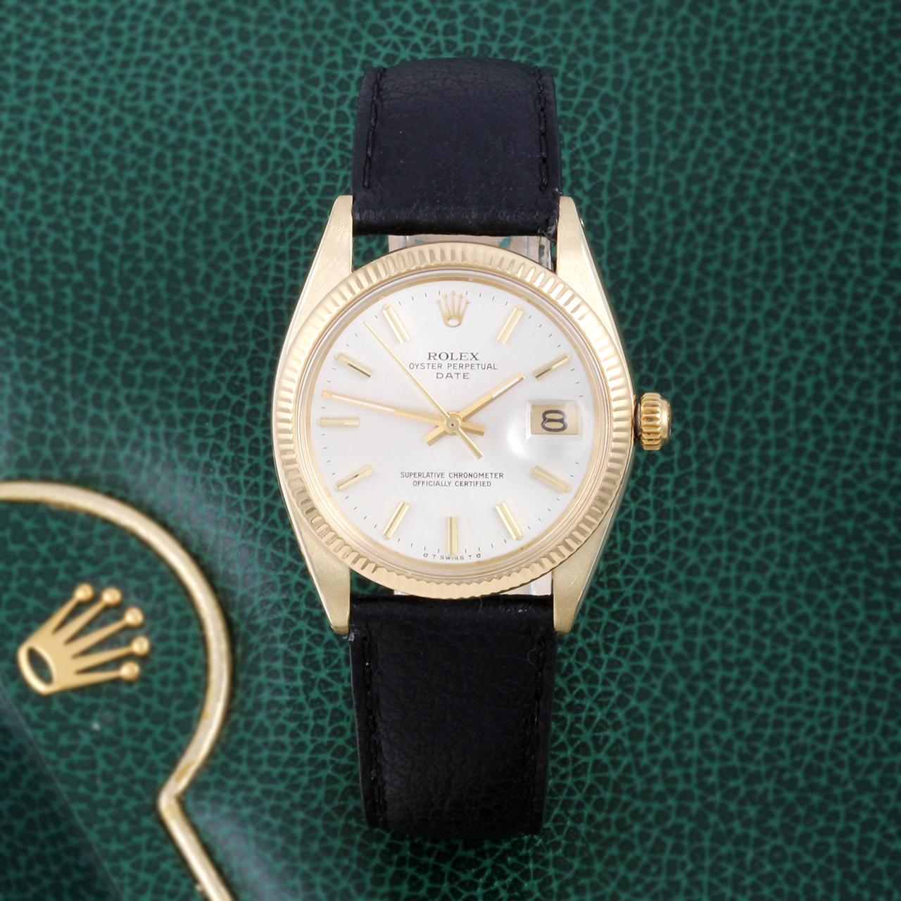 Rolex Yellow Gold Date Silver Dial Leather Band Watch Ref#1503 For Sale ...