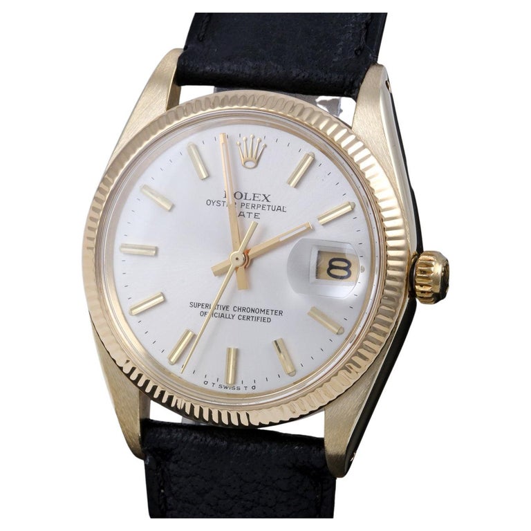 Rolex 34mm Yellow Gold Date Silver Dial Leather Band Watch Ref#1503 For ...
