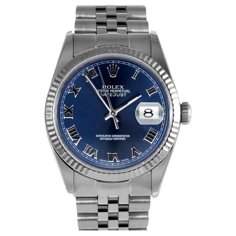 Rolex 36mm Datejust 16014 Blue Roman Numeral Fluted Jubilee For Sale at ...