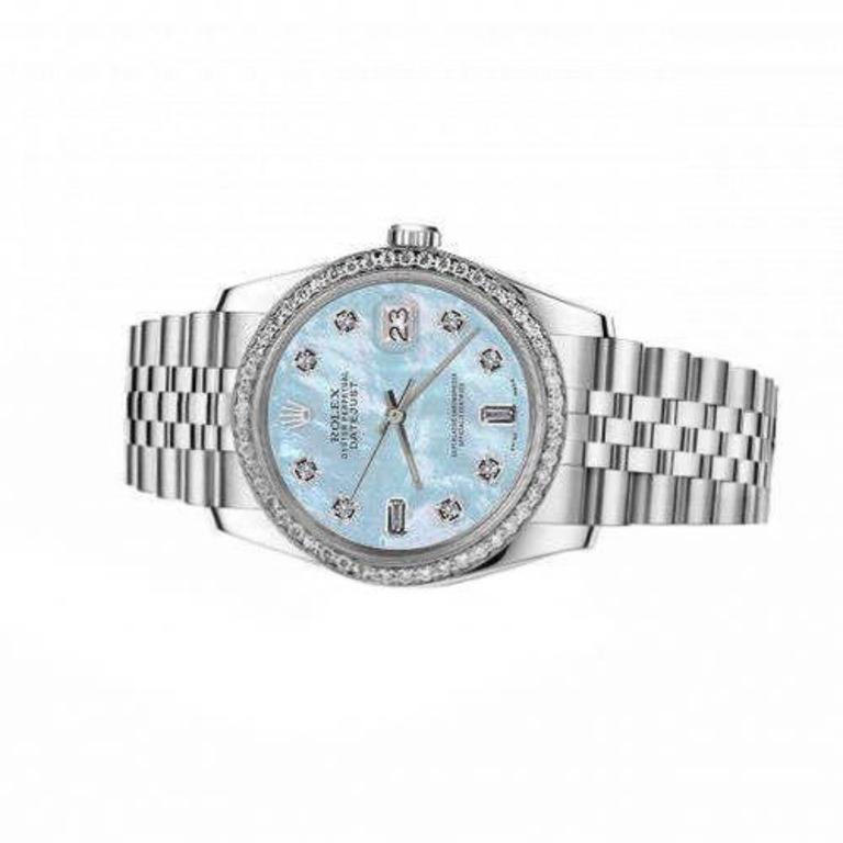 Rolex 36mm Datejust Baby Blue MOP Dial with Baguette and Round Diamond ...