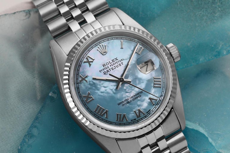 Rolex Datejust Baby Blue Mother of Pearl Roman Numeral Dial with 18k ...