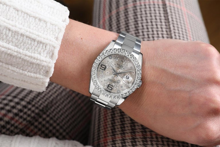 Rolex Datejust New Style Custom Diamond Bezel, Silver Flower Dial ...