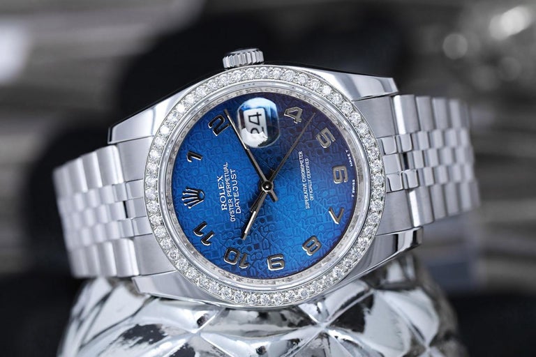 Rolex 36mm Datejust Rare Blue Anniversary Logo Dial with Custom Diamond ...