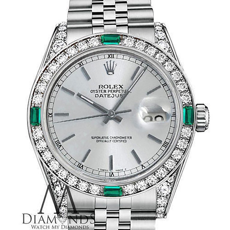 Rolex Datejust Silver Dial Diamond Lugs Emerald and Diamond Bezel Steel Watch For Sale at 1stDibs