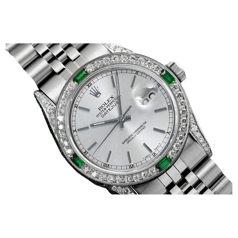 Rolex 36mm Datejust Silver Index Dial Diamond Lugs + Emerald and ...