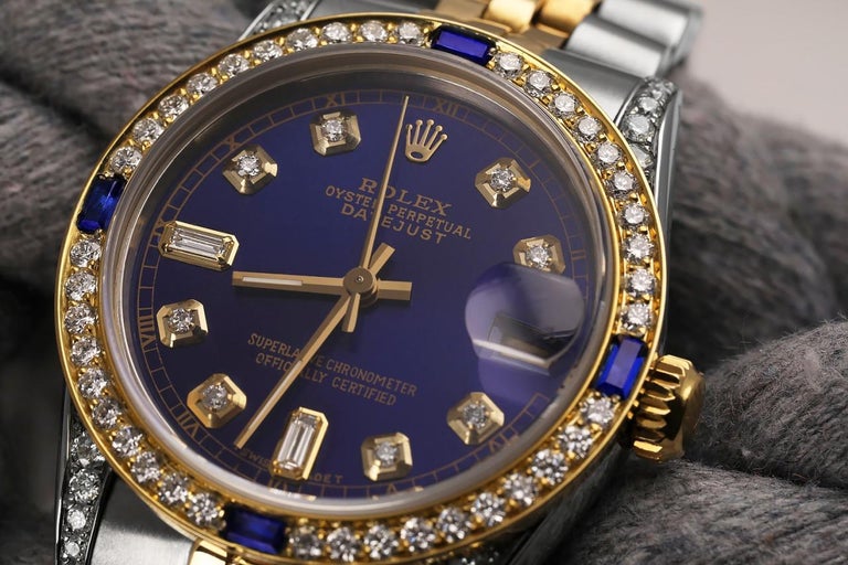 Rolex 36mm Datejust Two Tone Jubilee Blue Color Dial Baguette Diamond ...