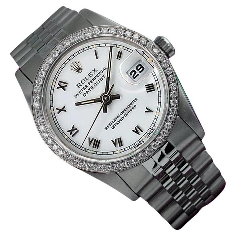 Rolex Datejust White Roman Dial Diamond Bezel Steel Watch For Sale at ...