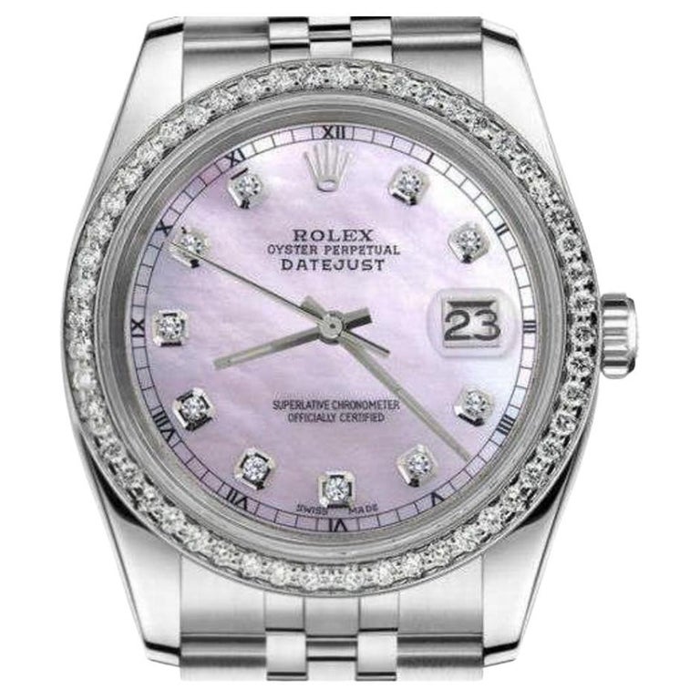 Rolex Oyster Perpetual Datejust Custom Set Diamond Bezel Pink MOP Dial ...