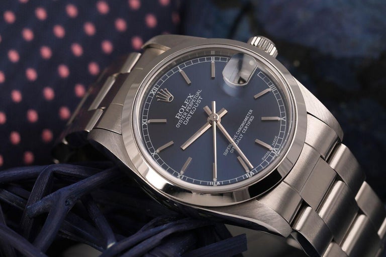 Rolex OysterNavy Blue Dial Stainless Steel Watch with Smooth Bezel ...