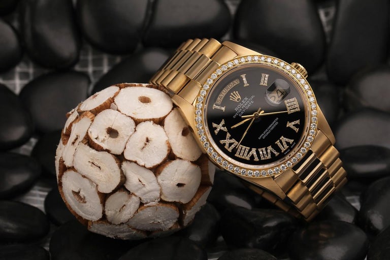 Rolex Presidential 18kt Gold Black Roman Diamond Numeral Dial Diamond ...
