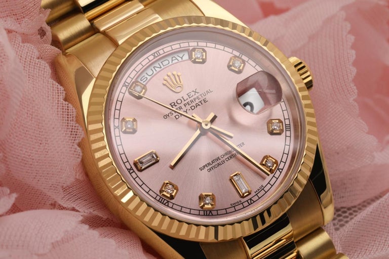 Rolex Presidential 18kt Gold Pink Baguette Diamond Dial Fluted Bezel ...