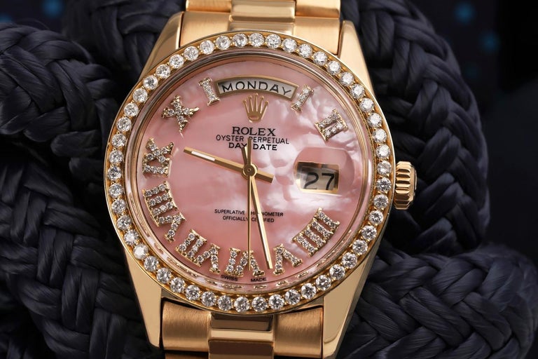 Rolex Presidential 18kt Gold Pink MOP Roman Diamond Numeral Dial Watch ...