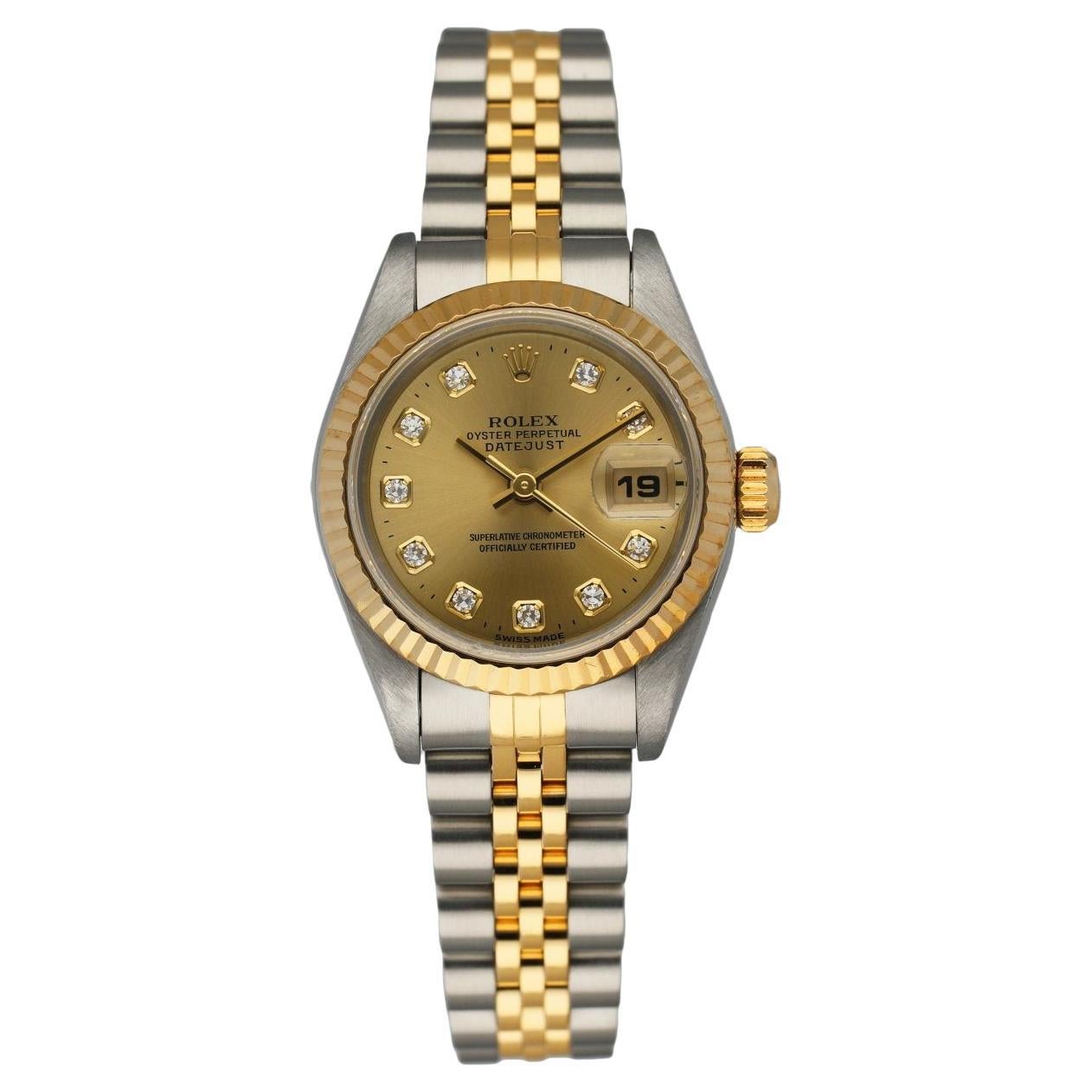 Rolex Ladies Date 69173 Black Dial 18k Yellow Gold Stainless Steel Box ...