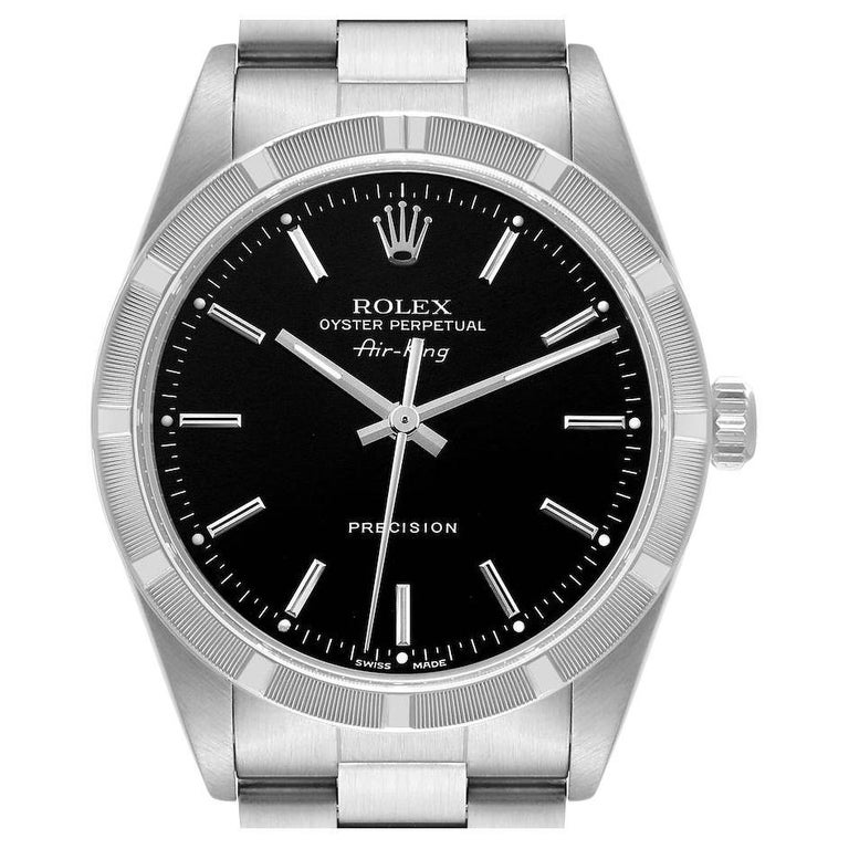 Rolex Air King 34 Black Dial Steel Engine Turned Bezel Mens Watch 14010 ...
