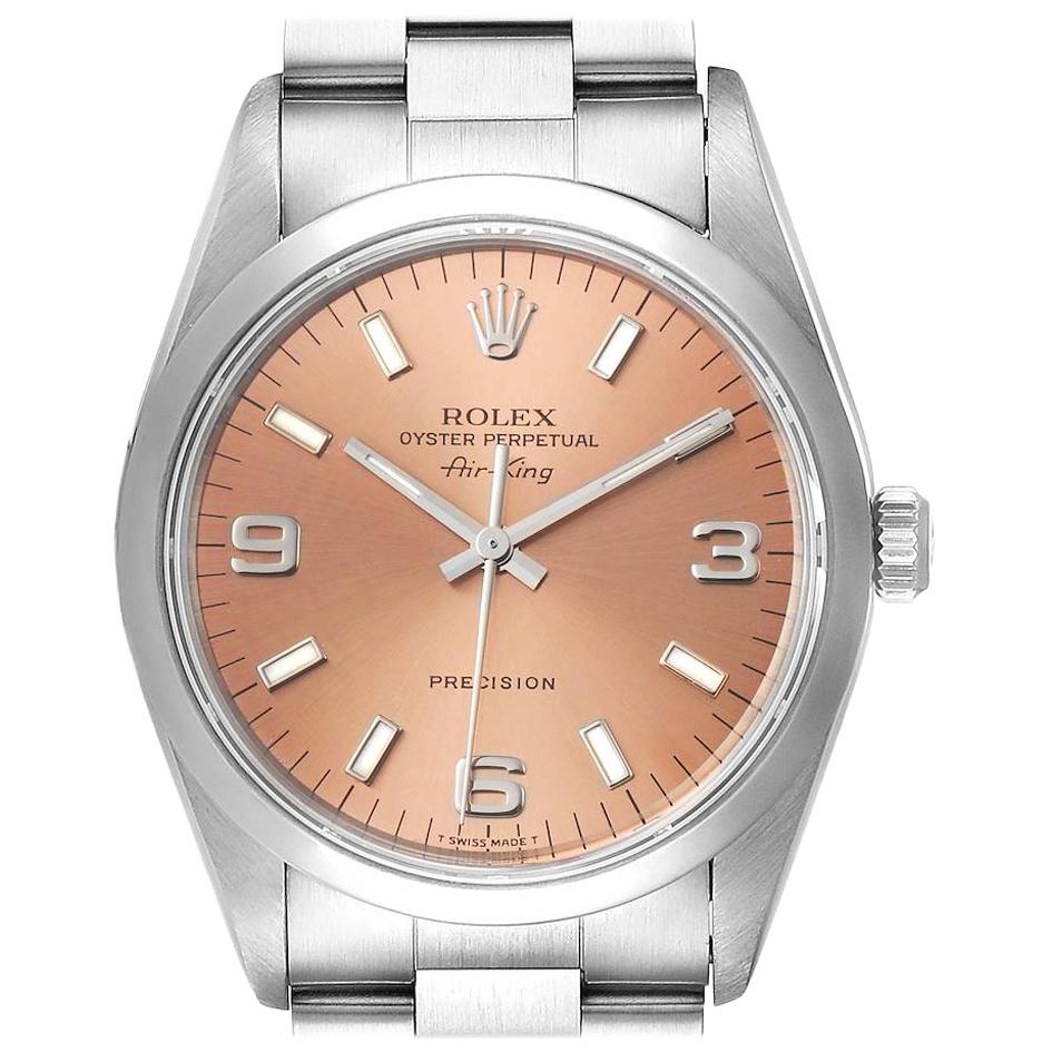 Rolex Air King 34 Salmon Baton Dial Domed Bezel Steel Mens Watch 14000 ...