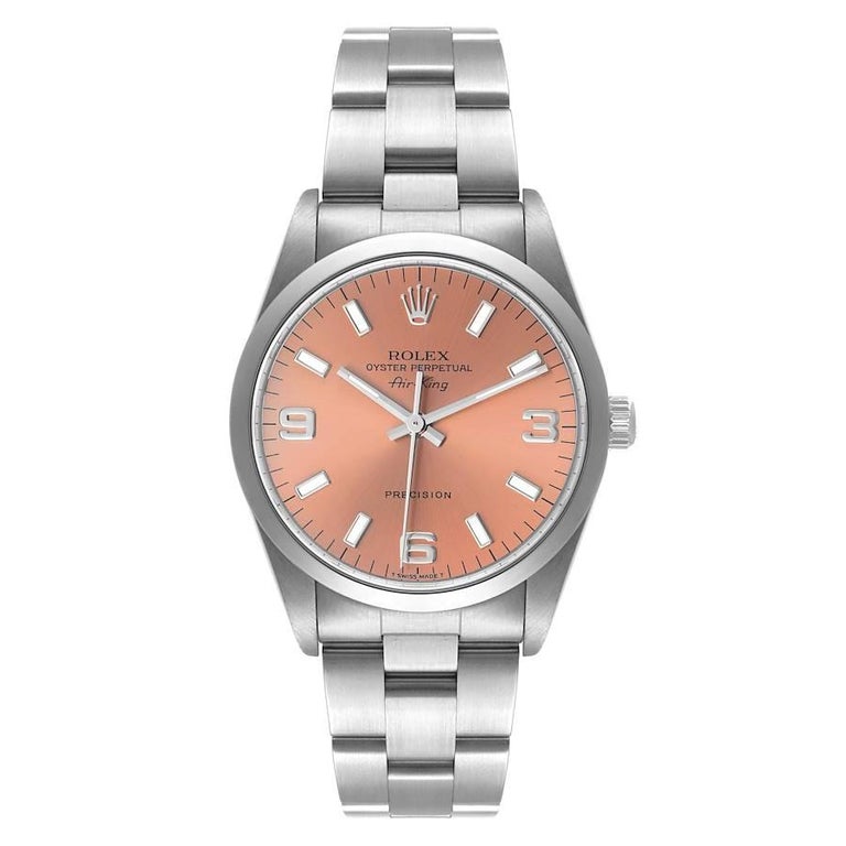 Rolex Air King 34 Salmon Baton Dial Domed Bezel Steel Watch 14000 Box ...