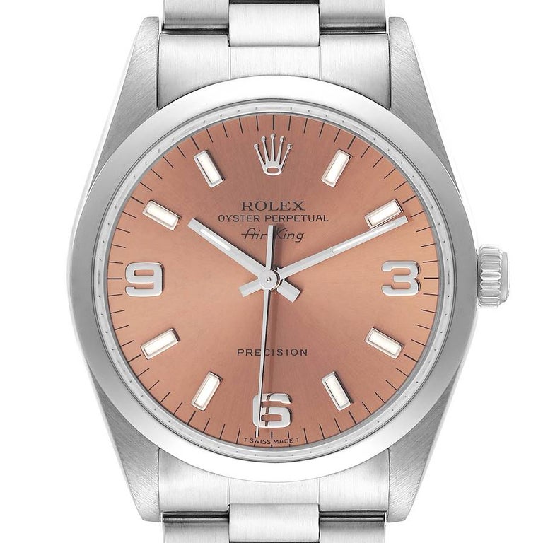 Rolex Air King 34 Salmon Baton Dial Domed Bezel Steel Watch 14000 Box ...