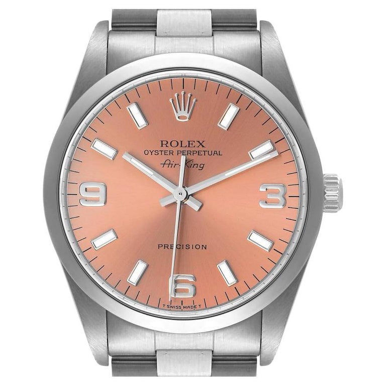Rolex Air King 34 Salmon Baton Dial Domed Bezel Steel Watch 14000 Box ...