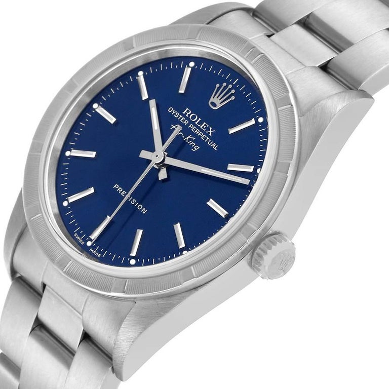 Rolex Air King Blue Dial Engine Turned Bezel Steel Mens Watch 14010 For ...