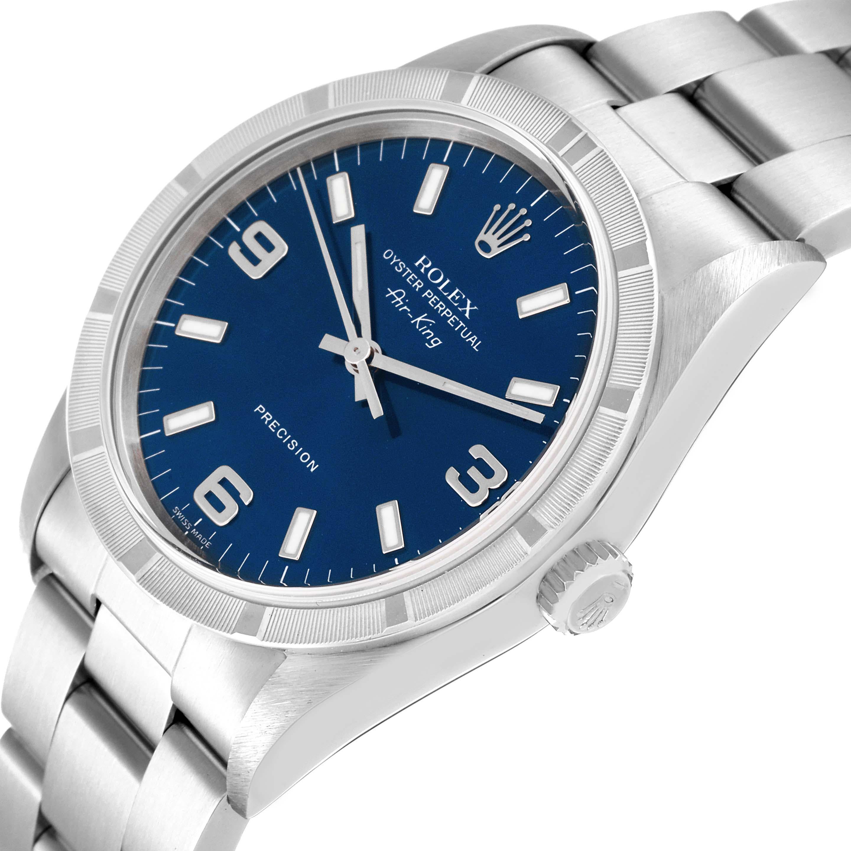 Rolex Air King Blue Dial Engine Turned Bezel Steel Mens Watch 14010 For ...