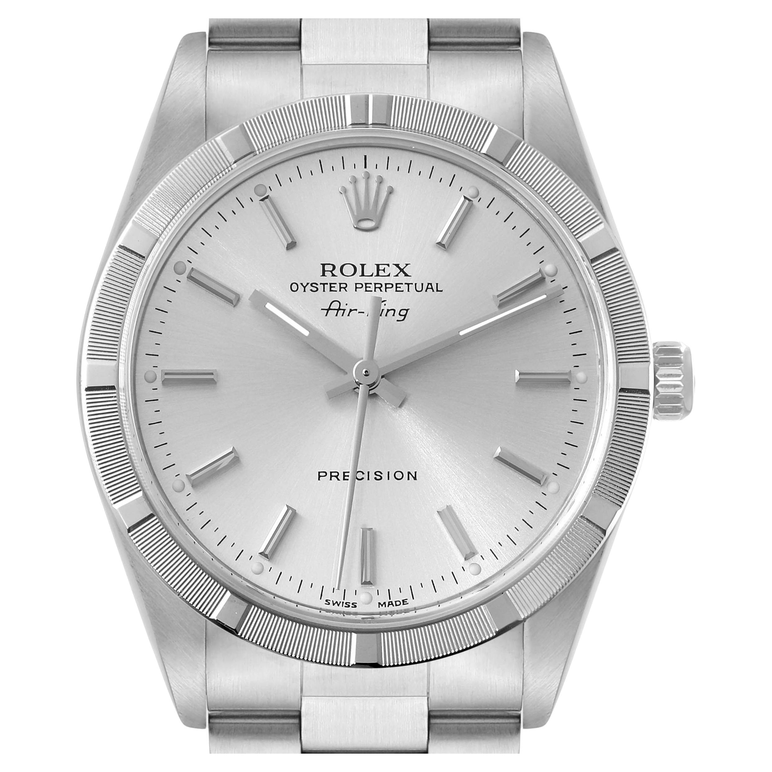 Rolex Air King Blue Dial Engine Turned Bezel Steel Mens Watch 14010 For ...