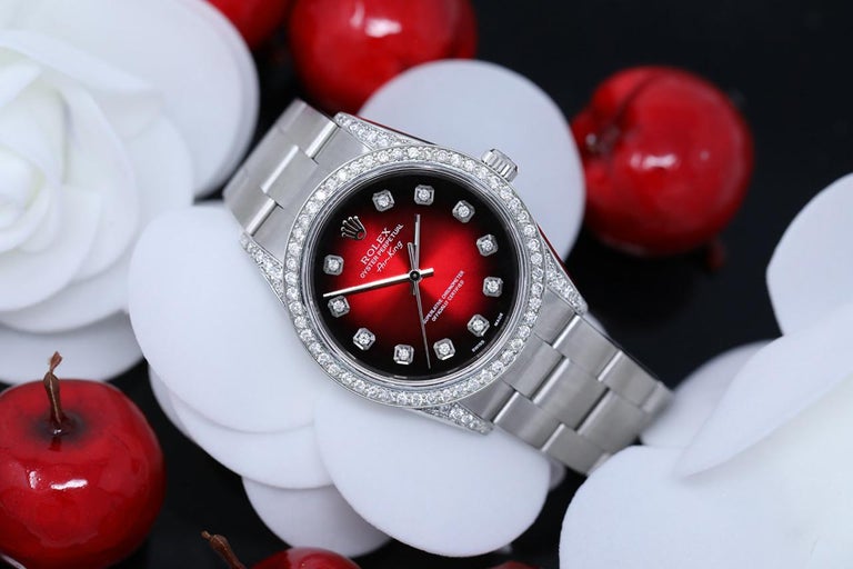 Rolex Air King Red Vignette Diamond Dial Diamond Bezel and Lugs Steel ...