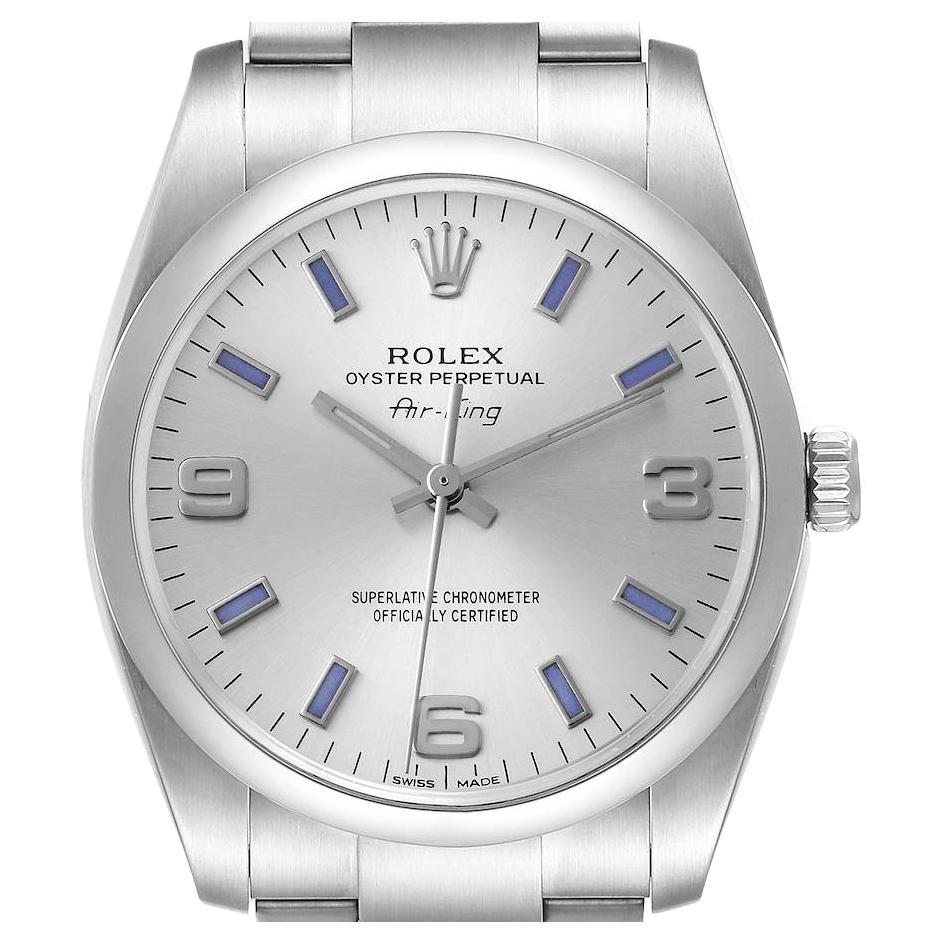Rolex Air King 34 Silver Dial Blue Baton Hour Markers Steel Watch ...