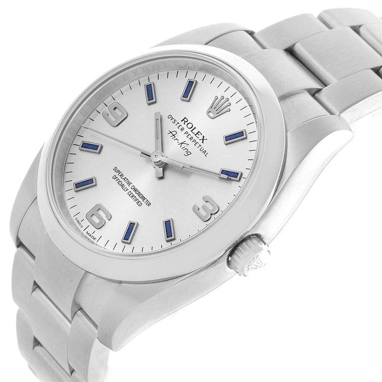 Rolex Air King Silver Dial Blue Index Hour Markers Steel Watch 114200 ...