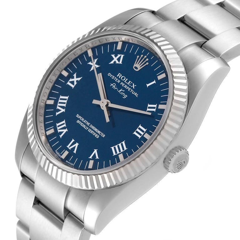 Rolex Air King Steel White Gold Blue Roman Dial Mens Watch 114234 For ...