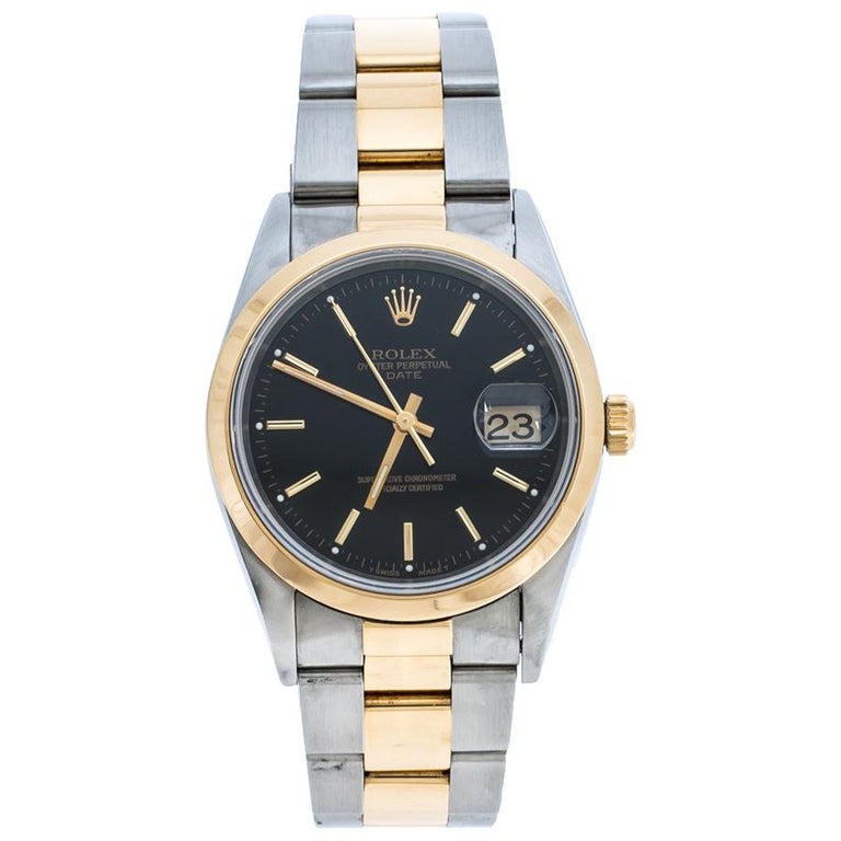 Rolex Black 18K Yellow Gold Oyster Perpetual Date 15203 Men's ...