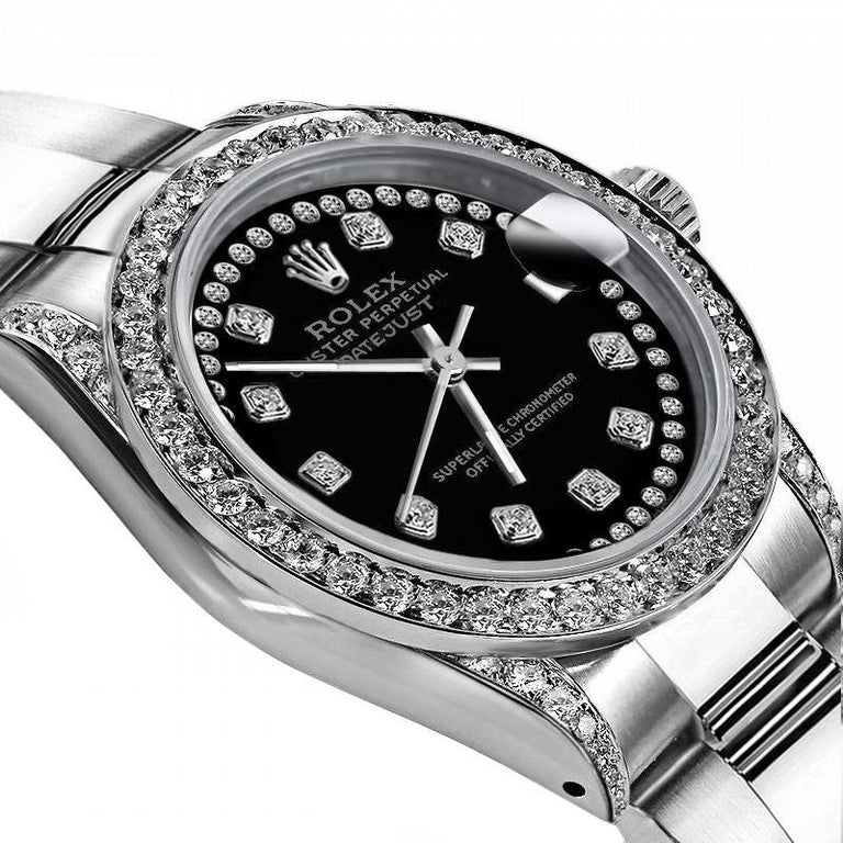 Rolex Black String Datejust Stainless Steel SS Custom Diamonds Bezel ...
