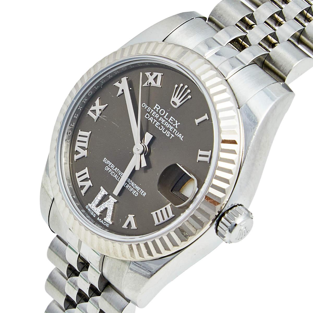 Rolex Brown Diamond 18k White Gold Stainless Steel Datejust Wristwatch ...