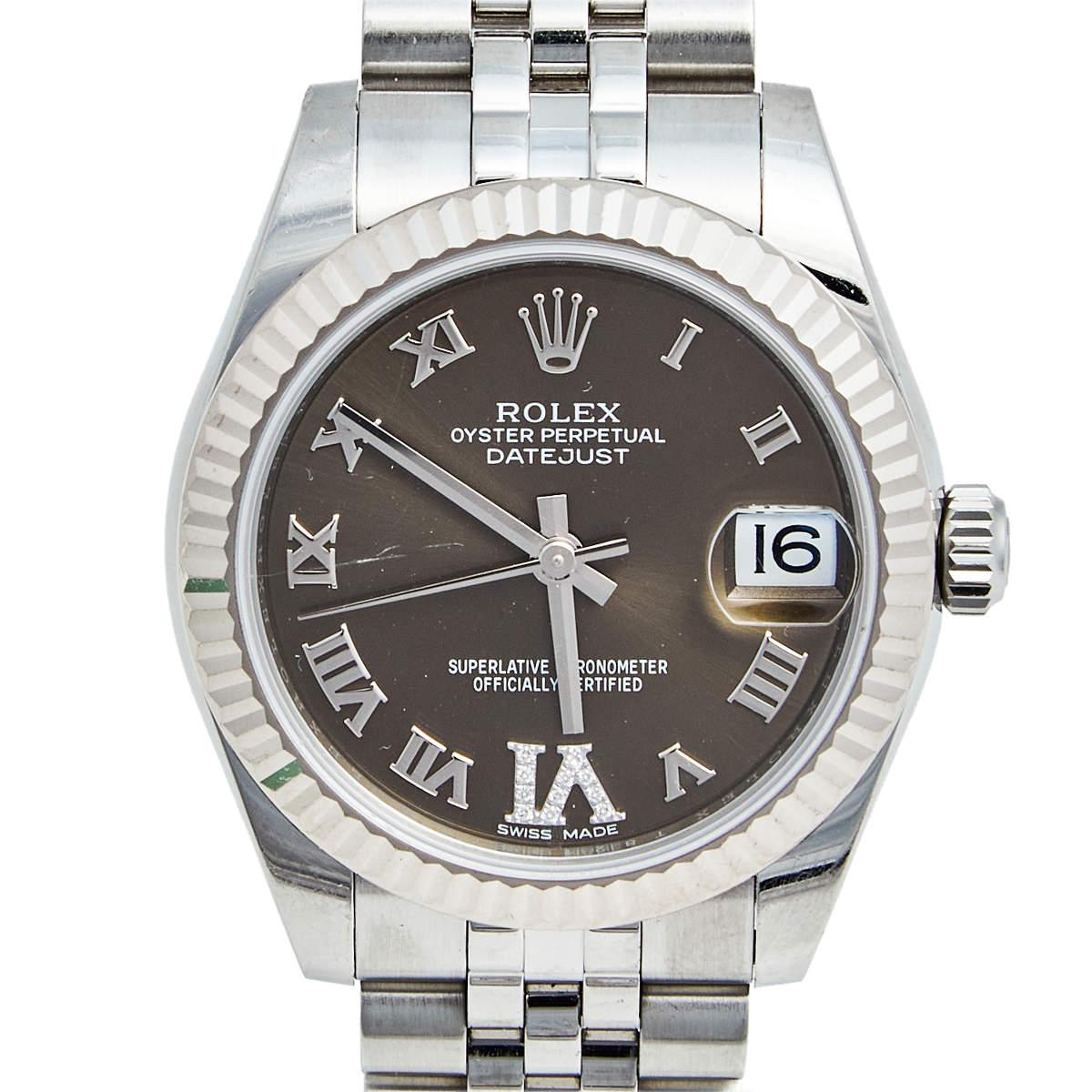 Rolex Brown Diamond 18k White Gold Stainless Steel Datejust Wristwatch ...