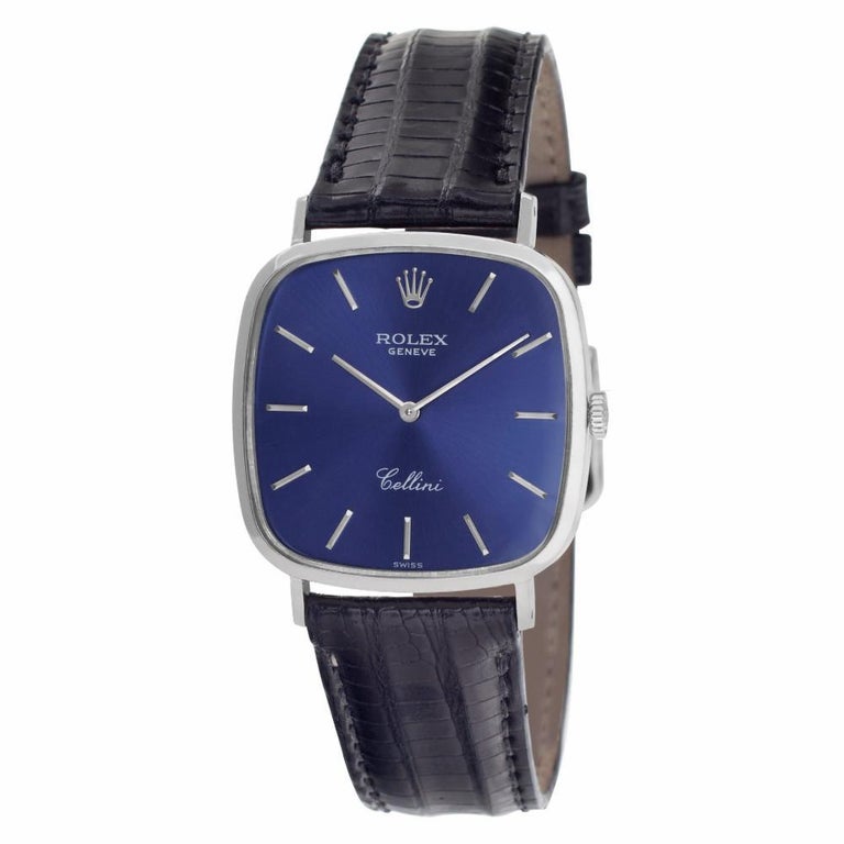 Rolex Cellini 4114 18 Karat White Gold Blue Dial Manual Watch at 1stDibs