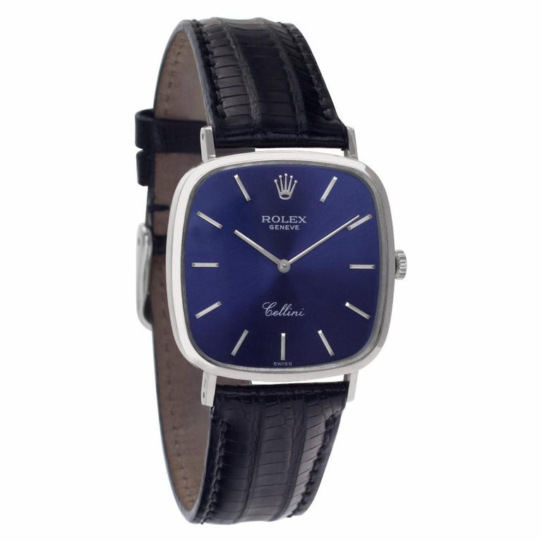 Rolex Cellini 4114 18 Karat White Gold Blue Dial Manual Watch at 1stDibs