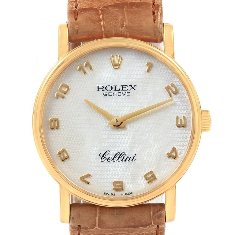 Rolex Cellini Classic Yellow Gold Mother of Pearl Dial Black Strap ...
