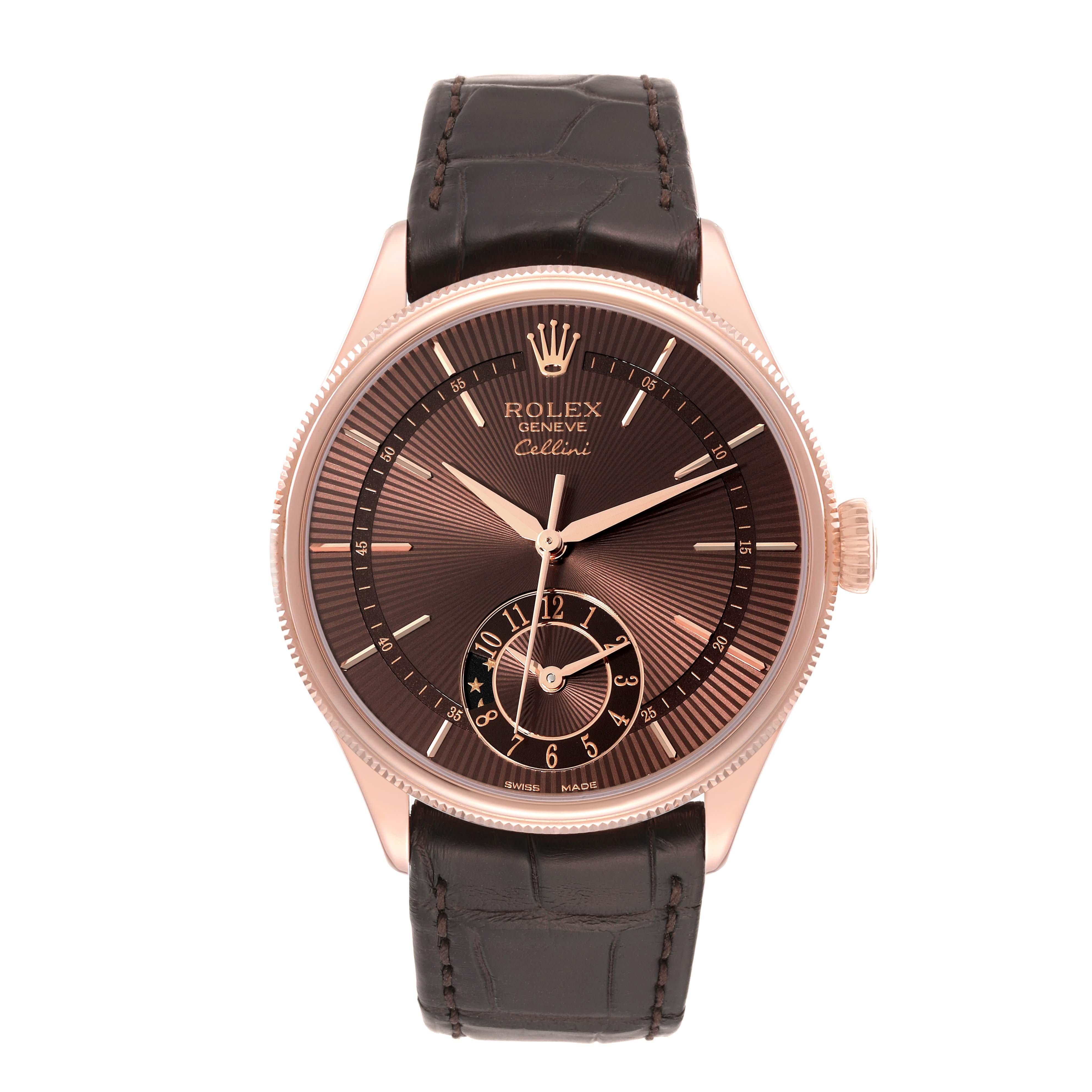Rolex Cellini Dual Time Brown Dial Rose Gold Automatic Mens Watch 50525 ...