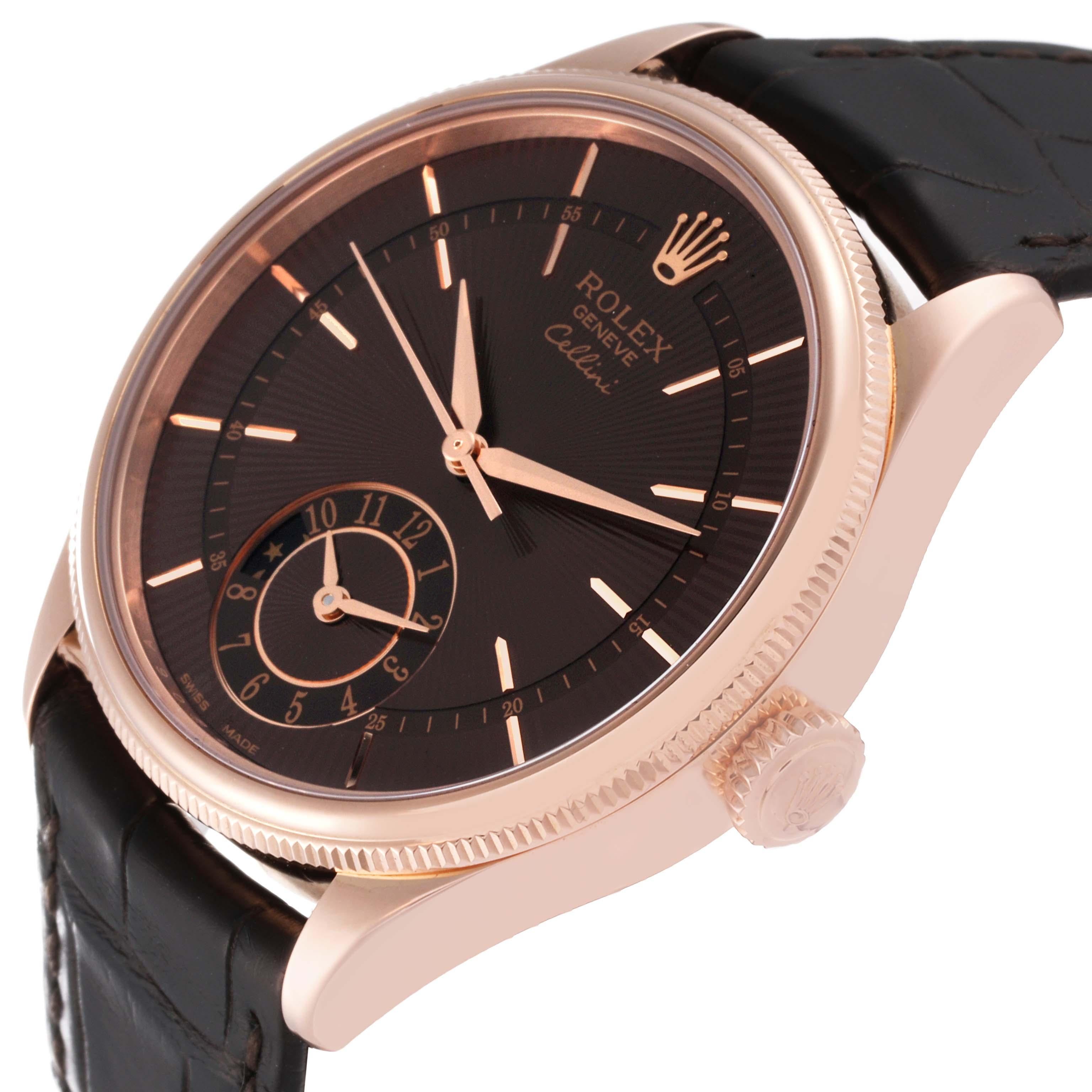 Rolex Cellini Dual Time Brown Dial Rose Gold Automatic Mens Watch 50525 ...
