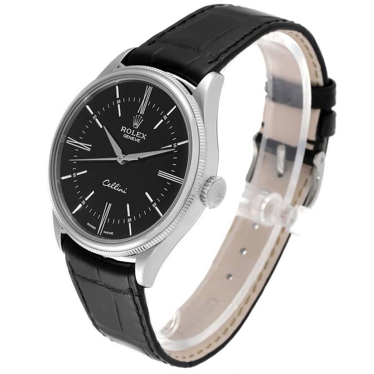 Rolex Cellini Dual Time White Gold Black Dial Mens Watch 50509 Box Card ...
