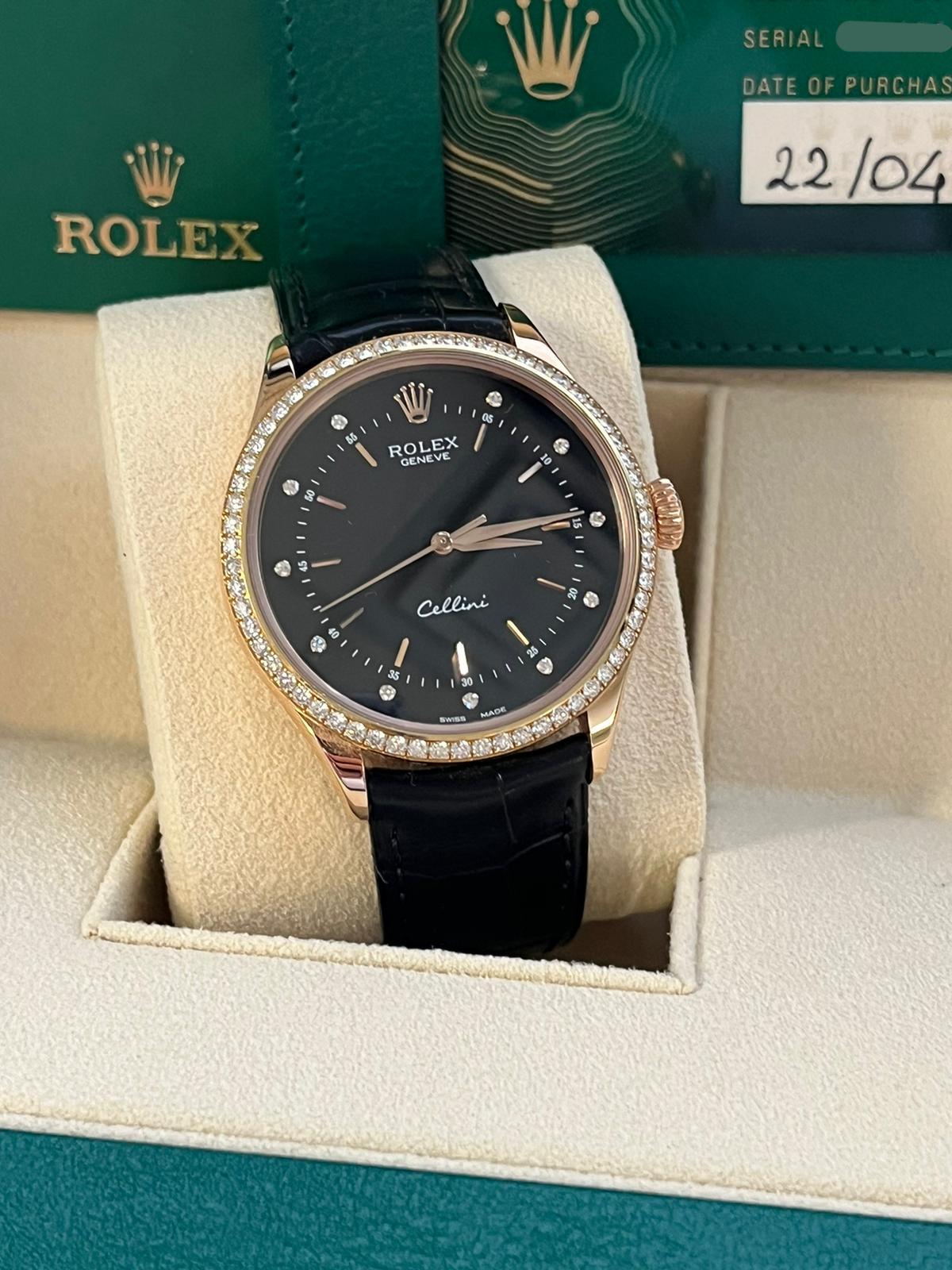 Rolex Cellini Time Rose Gold Diamond Dial Bezel Tobacco Leather Watch ...