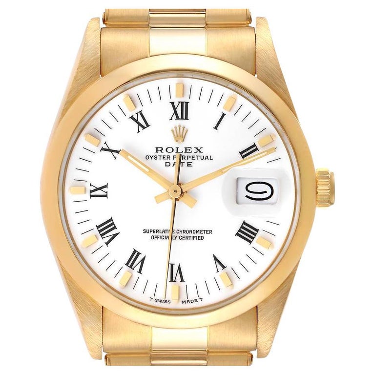 Rolex Date 18k Yellow Gold White Roman Dial Vintage Mens Watch 15008 ...