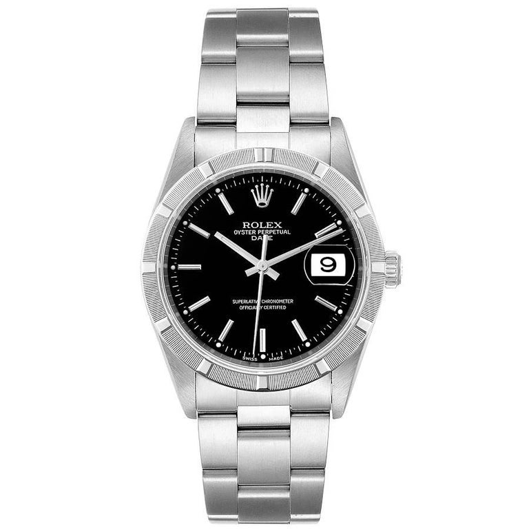 Rolex Date Black Dial Engine-Turned Bezel Steel Mens Watch 15210 at 1stDibs