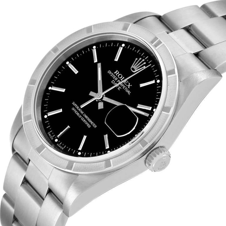 Rolex Date Black Dial Engine-Turned Bezel Steel Mens Watch 15210 at 1stDibs