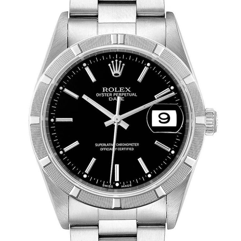 Rolex Date Black Dial Engine-Turned Bezel Steel Mens Watch 15210 at 1stDibs