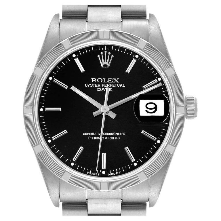 Rolex Date Black Dial Engine Turned Bezel Steel Mens Watch 15210 For ...